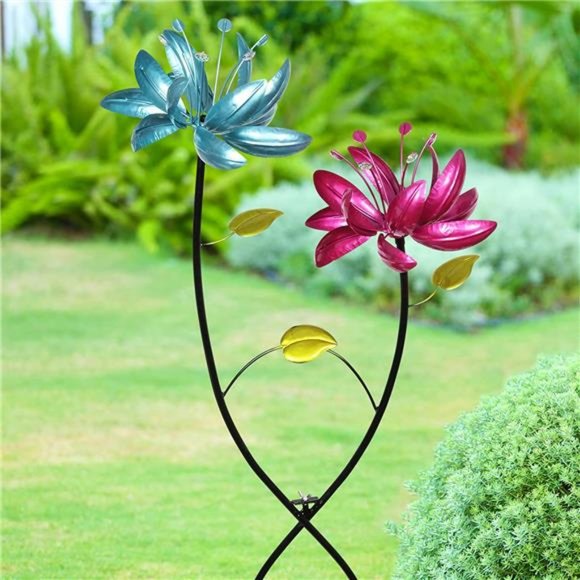 Accents | Wind Spinner Lotus Flower Garden Stake With 2 Flowers 19 X 47 ...